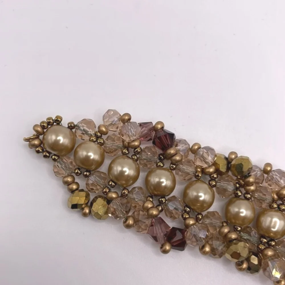 Hand Crafted | Jewelry | Gold Tone Crystal Faux Glass Pearl Wide ...